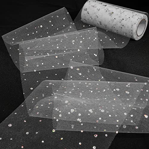 Osunnus Silver Glitter Tulle Fabric Roll 6" by 25 Yards Sequin Netting Fabric for DIY Gift Wrapping Wedding Christmas Baby Shower Tutu Birthday Party Decorations