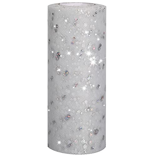 Osunnus Silver Glitter Tulle Fabric Roll 6" by 25 Yards Sequin Netting Fabric for DIY Gift Wrapping Wedding Christmas Baby Shower Tutu Birthday Party Decorations