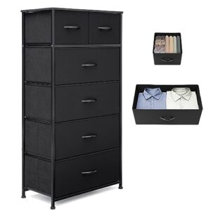 vredhom fabric dresser for bedroom, tall skinny dresser with 6 drawers, storage organizer tower, steel frame wooden top for closet, living room, hallway, nursery(black)