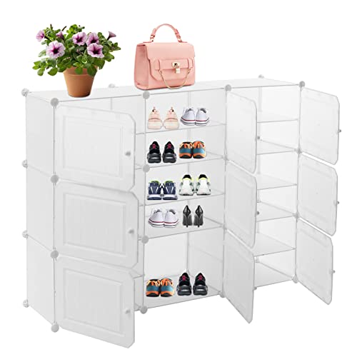 Gdrasuya10 Portable Shoe Rack, 36 Pair DIY Shoe Storage Shelf Organizer 6 Tier Shoe Storage Cabinet with Doors, Resin Shoe Shelves Organizer for Closet Hallway Bedroom Entryway