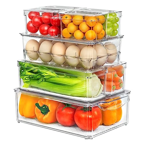 8 Pack Fridge Organizer with Egg Holder, Stackable Refrigerator Organizer Bins with Lids, Fruit Storage Containers for Fridge, BPA-Free Fridge Organizers and Storage Clear for Fruits, Vegetable, Food