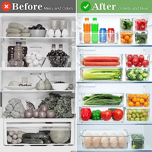 8 Pack Fridge Organizer with Egg Holder, Stackable Refrigerator Organizer Bins with Lids, Fruit Storage Containers for Fridge, BPA-Free Fridge Organizers and Storage Clear for Fruits, Vegetable, Food