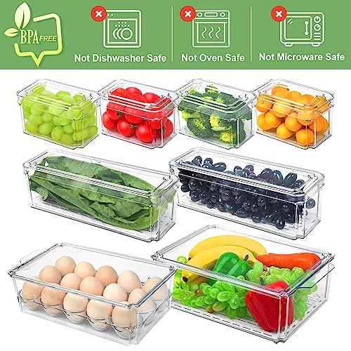 8 Pack Fridge Organizer with Egg Holder, Stackable Refrigerator Organizer Bins with Lids, Fruit Storage Containers for Fridge, BPA-Free Fridge Organizers and Storage Clear for Fruits, Vegetable, Food