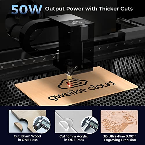 Gweike Cloud Pro II Laser Engraver with Rotary, 50W Output Power Laser Cutter Support LightBurn, 0.025mm Compressed Spot Higher Accuracy DIY Laser Engraving Machine for Wood, Metal, Acrylic, Leather