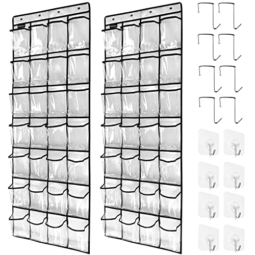 TidyMaster 28 Large 2 Pack Transparent Pockets Over The Door Shoe Organizer Sturdy Hanging Shoe Rack for Door Closet Sneakers or Accessories, 8 hooks（White）