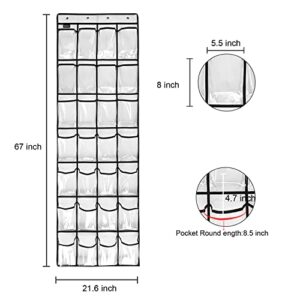 TidyMaster 28 Large 2 Pack Transparent Pockets Over The Door Shoe Organizer Sturdy Hanging Shoe Rack for Door Closet Sneakers or Accessories, 8 hooks（White）