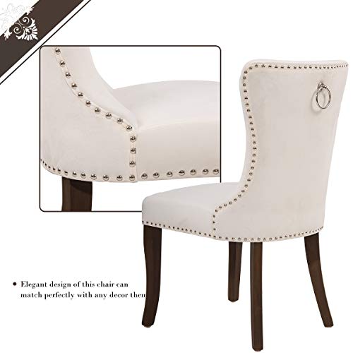 LZ LEISURE ZONE Dining Chairs Set of 6, Cream Upholstered Accent Chair Button Tufted Armless Chair with Nailhead Trim and Back Ring Pull