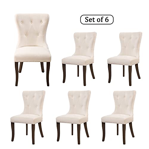 LZ LEISURE ZONE Dining Chairs Set of 6, Cream Upholstered Accent Chair Button Tufted Armless Chair with Nailhead Trim and Back Ring Pull