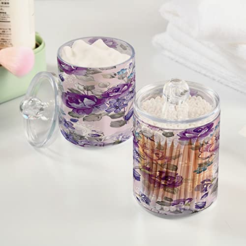 WELLDAY Apothecary Jars Bathroom Storage Organizer with Lid - 14 oz Qtip Holder Storage Canister, Retro Purple Flowers Clear Plastic Jar for Cotton Swab, Cotton Ball, Floss Picks, Makeup Sponges,Hair