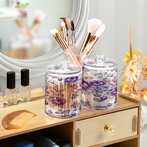 WELLDAY Apothecary Jars Bathroom Storage Organizer with Lid - 14 oz Qtip Holder Storage Canister, Retro Purple Flowers Clear Plastic Jar for Cotton Swab, Cotton Ball, Floss Picks, Makeup Sponges,Hair