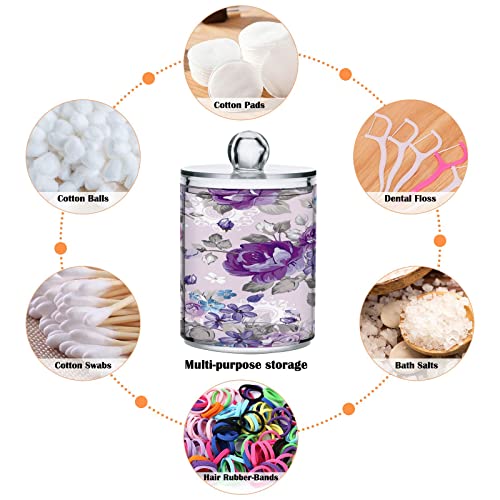 WELLDAY Apothecary Jars Bathroom Storage Organizer with Lid - 14 oz Qtip Holder Storage Canister, Retro Purple Flowers Clear Plastic Jar for Cotton Swab, Cotton Ball, Floss Picks, Makeup Sponges,Hair