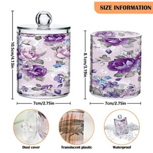 WELLDAY Apothecary Jars Bathroom Storage Organizer with Lid - 14 oz Qtip Holder Storage Canister, Retro Purple Flowers Clear Plastic Jar for Cotton Swab, Cotton Ball, Floss Picks, Makeup Sponges,Hair