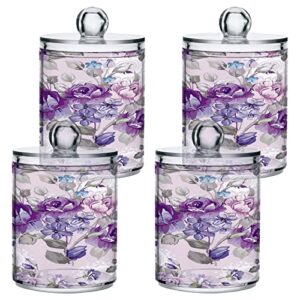 WELLDAY Apothecary Jars Bathroom Storage Organizer with Lid - 14 oz Qtip Holder Storage Canister, Retro Purple Flowers Clear Plastic Jar for Cotton Swab, Cotton Ball, Floss Picks, Makeup Sponges,Hair