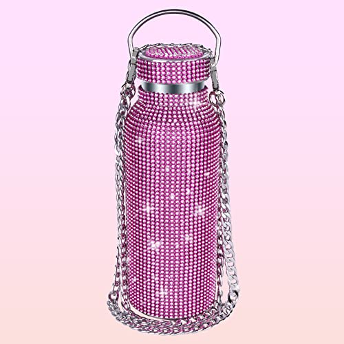 Diamond Water Bottle, Bling Diamond Vacuum Flask, Sparkling Diamond Water Bottle, High-Grade Stainless Steel Rhinestone Vacuum Flask, Leak-Proof Vacuum Flask With Chain (Pink, 500ML)