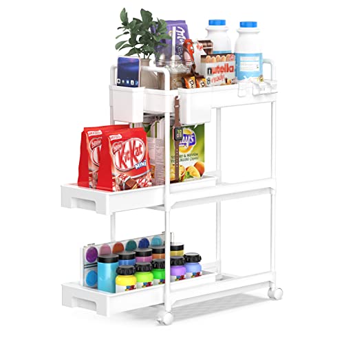 SPACEKEEPER Rolling Storage Cart, Slide Out Bathroom Organizer 3-Tier Laundry Room Organization Shelf Mobile Utility Cart with Hanging Cups, Dividers for Kitchen Bathroom Narrow Spaces, White