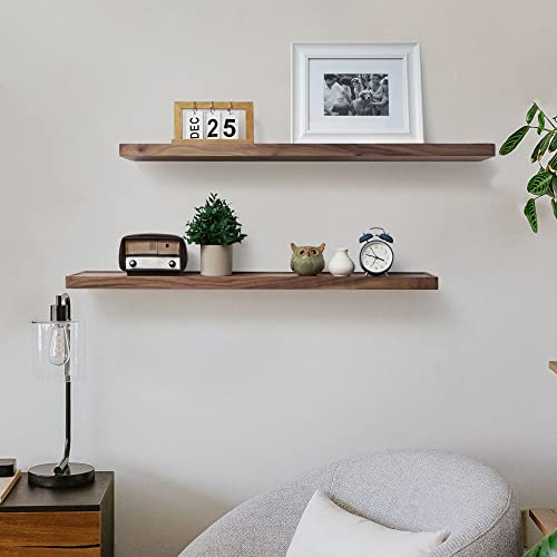 Axeman Floating Shelves 36 Inch, Solid Walnut Wooden Wall Shelves with Groove Set of 2, Natural Wood Floating Shelves with Lip for Home Decor, Living Room, Bedroom Kitchen