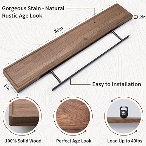 Axeman Floating Shelves 36 Inch, Solid Walnut Wooden Wall Shelves with Groove Set of 2, Natural Wood Floating Shelves with Lip for Home Decor, Living Room, Bedroom Kitchen