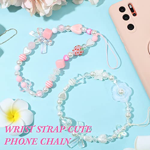 LEIFIDE 2 Pcs Phone Charms Strap Beaded Phone Strap Pink Cute Phone Charms Aesthetic Love Phone Lanyard Wrist Strap Beaded Phone Keychain Charm for Women Girl Gifts (Heart)