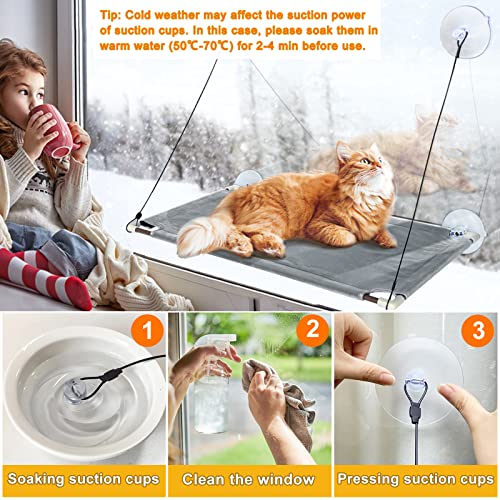 Cat Window Perch Large Hammock Bed for Indoor Cats 24.4 * 13” Cat Window Sill Seat Shelf Box with Strong Suction Cup Sturdy Cat Sunbathing Ledge Inside Easy to Assemble Holding 50 LBS