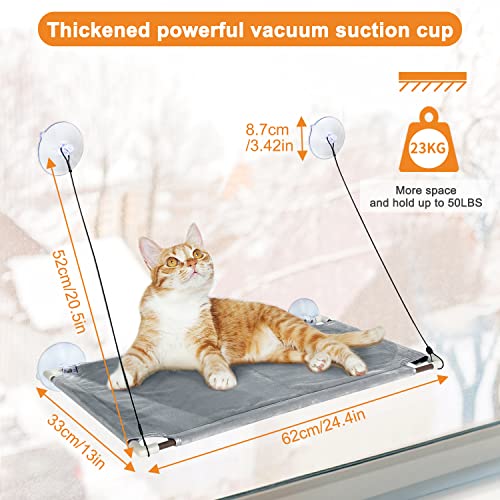 Cat Window Perch Large Hammock Bed for Indoor Cats 24.4 * 13” Cat Window Sill Seat Shelf Box with Strong Suction Cup Sturdy Cat Sunbathing Ledge Inside Easy to Assemble Holding 50 LBS