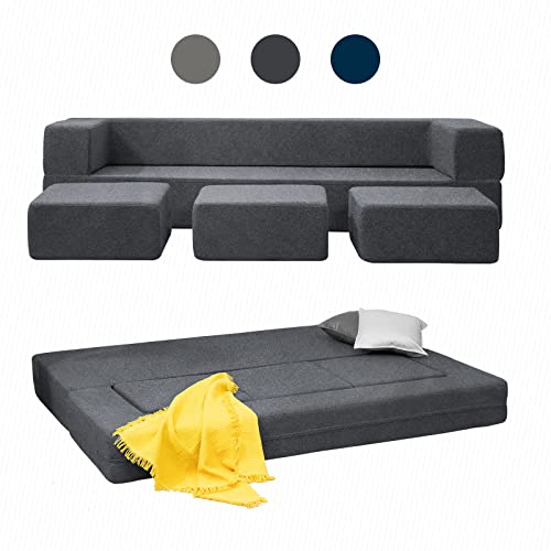 Mjkone Queen Convertible Velvet Futon Sofa Bed with 3 Ottomans, Memory Foam Fold Out Couch Bed, Foldable Floor Sofa, Guest Sleeper for Living Room,Dark Grey