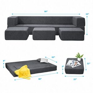 Mjkone Queen Convertible Velvet Futon Sofa Bed with 3 Ottomans, Memory Foam Fold Out Couch Bed, Foldable Floor Sofa, Guest Sleeper for Living Room,Dark Grey