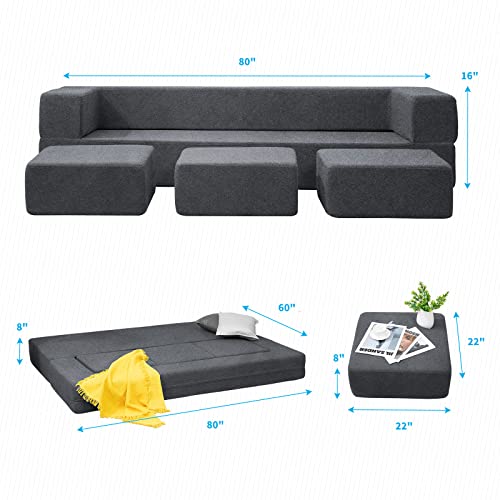 Mjkone Queen Convertible Velvet Futon Sofa Bed with 3 Ottomans, Memory Foam Fold Out Couch Bed, Foldable Floor Sofa, Guest Sleeper for Living Room,Dark Grey