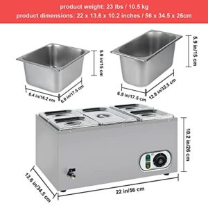 Commercial Food Warmer, 13.7 Qt Steam Table Buffet Food Warmers 1500W 110V 5-Pan Stainless Steel Bain Marie Soup Warmer Adjustable Temp 86-185℉Warmers for Food Party, Catering, Restaurants w/2 Ladles