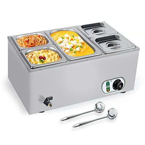 Commercial Food Warmer, 13.7 Qt Steam Table Buffet Food Warmers 1500W 110V 5-Pan Stainless Steel Bain Marie Soup Warmer Adjustable Temp 86-185℉Warmers for Food Party, Catering, Restaurants w/2 Ladles