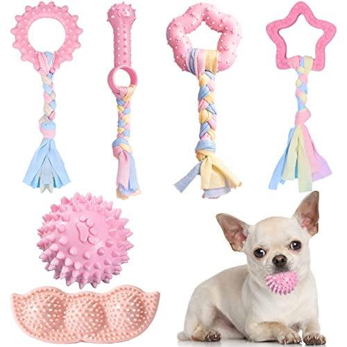 ABRRLO Puppy Toys 6 Pack Puppy Chew Toys for Teething Small Breed Dog Toys for Small Puppies Cute Pink Small Dog Chew Toys Soft Rubber Durable Puppy Teething Toys Interactive Pet Dog Toys Set