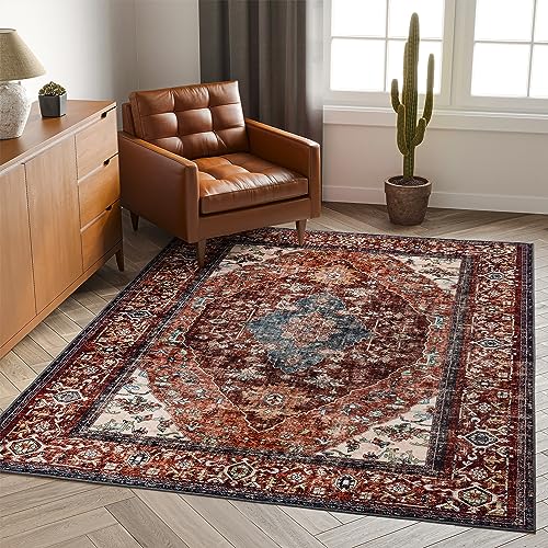 Valenrug Area Rug 5x7 - Stain Resistant Lightweight Washable Rug, Anti-Skid Rugs for Living Room, Vintage Tribal Area Rug(Coffee/Red, 5'x7')