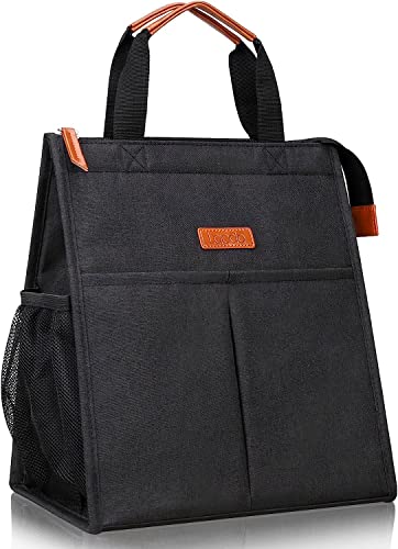 Lacdo Lunch Bag for Women Men Insulated Lunch Tote Bags Waterproof Reusable Lunch Box Soft Cooler with Pockets for Work Travel Picnic, Black