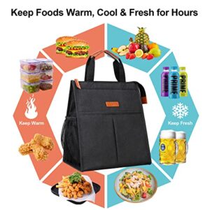 Lacdo Lunch Bag for Women Men Insulated Lunch Tote Bags Waterproof Reusable Lunch Box Soft Cooler with Pockets for Work Travel Picnic, Black