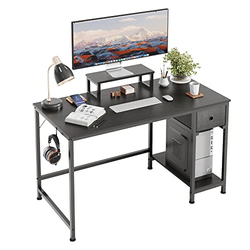 VERMESS Computer Desk with Drawer and Monitor Stand,47 Inch Study Writing Desks for Home Office,Industrial Simple Style Wood Table for PC Laptop Notebook,Black