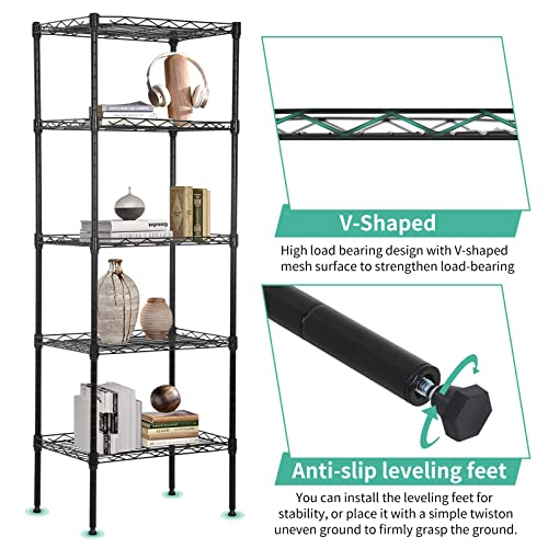 XXkseh 5 Tier Storage Shelves Wire Shelving Unit Adjustable Metal Shelf Heavy Duty Garage Storage Rack Wire Shelves Display Rack for Laundry Livingroom Kitchen, 16.7" L×11.8" W×47.6" H, Black