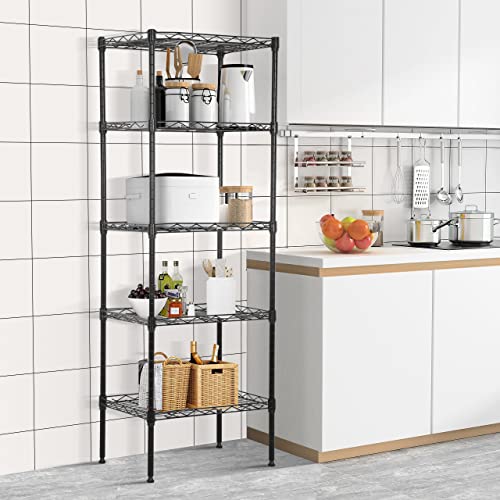 XXkseh 5 Tier Storage Shelves Wire Shelving Unit Adjustable Metal Shelf Heavy Duty Garage Storage Rack Wire Shelves Display Rack for Laundry Livingroom Kitchen, 16.7" L×11.8" W×47.6" H, Black