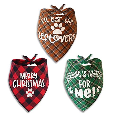 3 Pack Thanksgiving and Christmas Bandana Set, Holiday Buffalo Fall and Winter Bib for Large Medium Small Puppies Pets