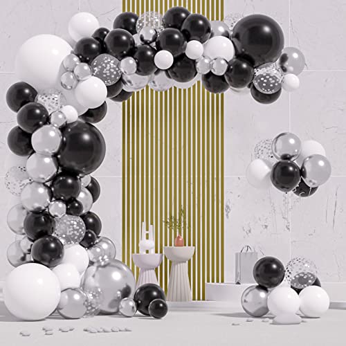 AJOYEGG Black White Silver Balloons Garland Kit 135pcs, 5+12+18inch Black White Metallic Chrome Silver and Silver Confetti Latex Balloons Arch for Wedding Bridal Shower Birthday Party Decorations