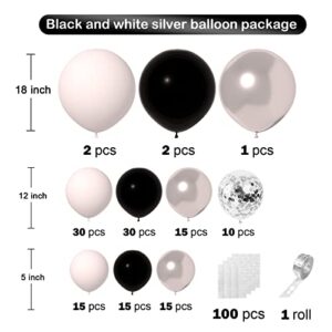 AJOYEGG Black White Silver Balloons Garland Kit 135pcs, 5+12+18inch Black White Metallic Chrome Silver and Silver Confetti Latex Balloons Arch for Wedding Bridal Shower Birthday Party Decorations