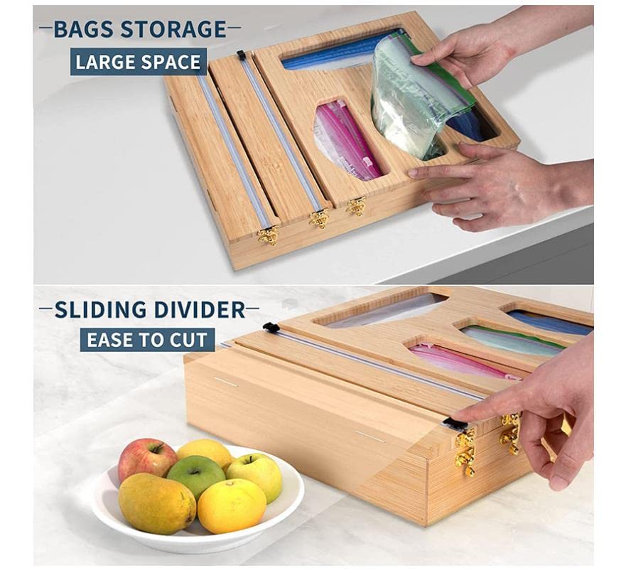 EAZE STORE Ziplock Bag Foil Plastic Wrap Dispenser Kitchen Drawer Organizer With Built-In Slider Cutter For Drawer Or Wall Mount Bamboo 6 In 1 Dispenser