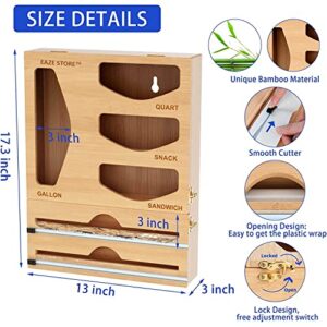 EAZE STORE Ziplock Bag Foil Plastic Wrap Dispenser Kitchen Drawer Organizer With Built-In Slider Cutter For Drawer Or Wall Mount Bamboo 6 In 1 Dispenser