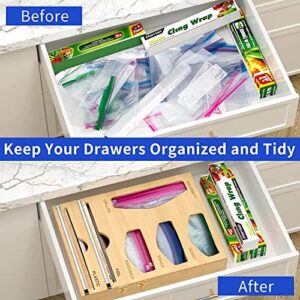 EAZE STORE Ziplock Bag Foil Plastic Wrap Dispenser Kitchen Drawer Organizer With Built-In Slider Cutter For Drawer Or Wall Mount Bamboo 6 In 1 Dispenser