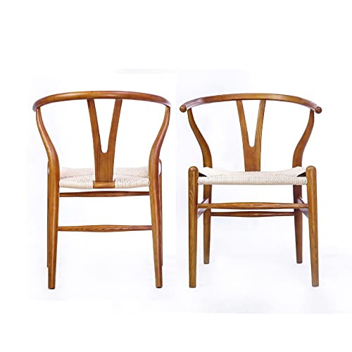 Polynices Wishbone Chair, Weave Modern Solid Wood Mid-Century Y Shaped Backrest Dining Chair Set of 2 (Chestnut)