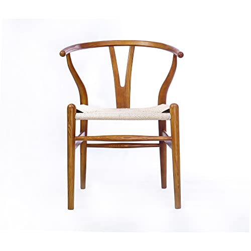 Polynices Wishbone Chair, Weave Modern Solid Wood Mid-Century Y Shaped Backrest Dining Chair Set of 2 (Chestnut)