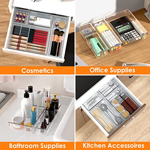 42 PCS Clear Plastic Drawer Organizer Set, Non-Slip/Crack Bathroom Vanity Drawer Organizer Trays Dividers, Versatile Storage Bins for Makeup, Jewelry and Office, Desk, Bathroom, Bedroom, Kitchen