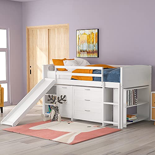 Harper & Bright Designs Twin Low Loft Bed with Slide and Storage, Solid Wood Low Loft Bed Frame with Storage Cabinets and Shelves, for Kids Teens Girls Boys (Twin Size, White)