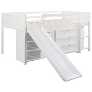 Harper & Bright Designs Twin Low Loft Bed with Slide and Storage, Solid Wood Low Loft Bed Frame with Storage Cabinets and Shelves, for Kids Teens Girls Boys (Twin Size, White)