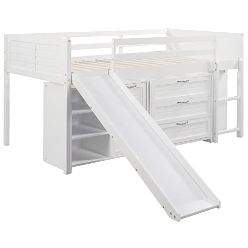 Harper & Bright Designs Twin Low Loft Bed with Slide and Storage, Solid Wood Low Loft Bed Frame with Storage Cabinets and Shelves, for Kids Teens Girls Boys (Twin Size, White)