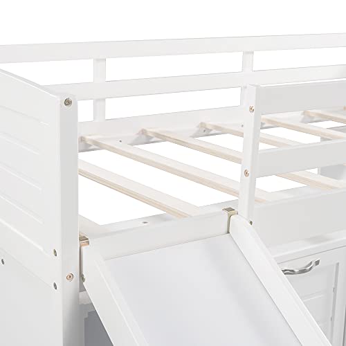 Harper & Bright Designs Twin Low Loft Bed with Slide and Storage, Solid Wood Low Loft Bed Frame with Storage Cabinets and Shelves, for Kids Teens Girls Boys (Twin Size, White)