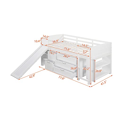 Harper & Bright Designs Twin Low Loft Bed with Slide and Storage, Solid Wood Low Loft Bed Frame with Storage Cabinets and Shelves, for Kids Teens Girls Boys (Twin Size, White)